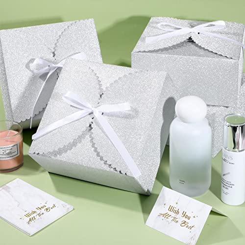 12 Pack Gift Boxes with Ribbons 8 x 8 x 4 Inch Present Boxes with Lids and Greeting Cards Elegant Paper Gift Wrap Boxes Bridesmaid Proposal Boxes for Wedding Birthday Christmas Party (Shiny Silver)