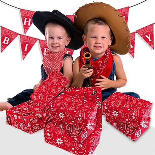 OXYLIPO 8 Sheets Red Bandana Gift Wrapping, 4 Patterns Red bandanas Paisley Print Recyclable Wrapping Paper for Kids Girls Boys Present Birthday Party Baby Shower Western Cowboy Theme Gift Wrap