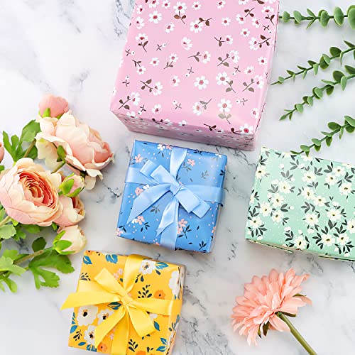 PETOX Gift Wrapping Paper Set 19.7 x 27.5 Inch - Floral Flower Birthday Wrapping Paper for Girls/Women, Wrapping Paper and Ribbon Set for Wedding, Mother's Day (Pack of 10)