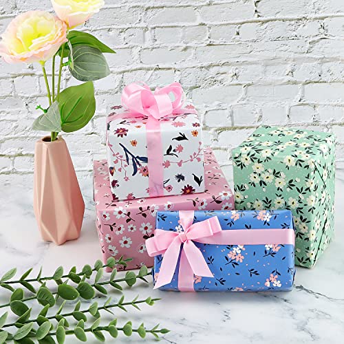 PETOX Gift Wrapping Paper Set 19.7 x 27.5 Inch - Floral Flower Birthday Wrapping Paper for Girls/Women, Wrapping Paper and Ribbon Set for Wedding, Mother's Day (Pack of 10)