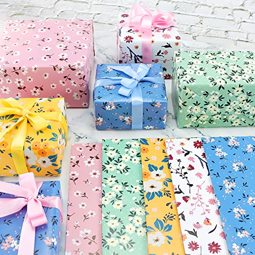 PETOX Gift Wrapping Paper Set 19.7 x 27.5 Inch - Floral Flower Birthday Wrapping Paper for Girls/Women, Wrapping Paper and Ribbon Set for Wedding, Mother's Day (Pack of 10)