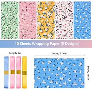 PETOX Gift Wrapping Paper Set 19.7 x 27.5 Inch - Floral Flower Birthday Wrapping Paper for Girls/Women, Wrapping Paper and Ribbon Set for Wedding, Mother's Day (Pack of 10)