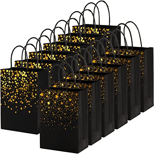 Nicunom 60 Pack Paper Gift Bags, 8.3 x 5.9 x 3.1 Inch Black Gold Gift Bags Bronzing Stars & Heart Gift Bags Bulk Kraft Party Favor Bags with Handle for Wedding Birthday Halloween Mother' Day Christmas Anniversary