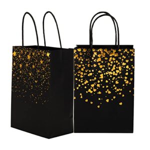 Nicunom 60 Pack Paper Gift Bags, 8.3 x 5.9 x 3.1 Inch Black Gold Gift Bags Bronzing Stars & Heart Gift Bags Bulk Kraft Party Favor Bags with Handle for Wedding Birthday Halloween Mother' Day Christmas Anniversary