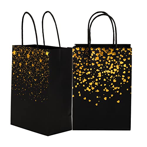 Nicunom 60 Pack Paper Gift Bags, 8.3 x 5.9 x 3.1 Inch Black Gold Gift Bags Bronzing Stars & Heart Gift Bags Bulk Kraft Party Favor Bags with Handle for Wedding Birthday Halloween Mother' Day Christmas Anniversary