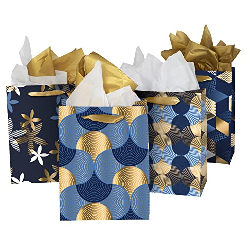 Homeadow Bags - 4 Pcs Assorted Gift Bags, Medium Size (9"x7") - Assorted with 4 Different Designs, Laminated Cardboard, includes 8 tissue papers - Festive Gold Blue Shapes