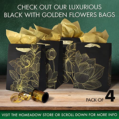 Homeadow Bags - 4 Pcs Assorted Gift Bags, Medium Size (9"x7") - Assorted with 4 Different Designs, Laminated Cardboard, includes 8 tissue papers - Festive Gold Blue Shapes