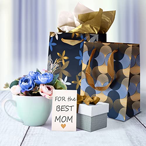 Homeadow Bags - 4 Pcs Assorted Gift Bags, Medium Size (9"x7") - Assorted with 4 Different Designs, Laminated Cardboard, includes 8 tissue papers - Festive Gold Blue Shapes