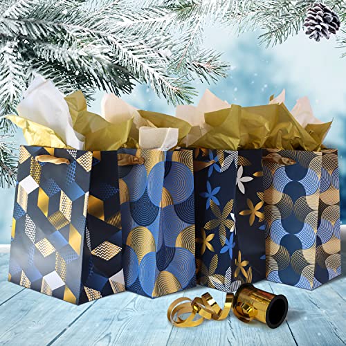 Homeadow Bags - 4 Pcs Assorted Gift Bags, Medium Size (9"x7") - Assorted with 4 Different Designs, Laminated Cardboard, includes 8 tissue papers - Festive Gold Blue Shapes