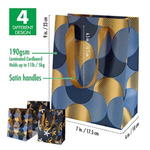 Homeadow Bags - 4 Pcs Assorted Gift Bags, Medium Size (9"x7") - Assorted with 4 Different Designs, Laminated Cardboard, includes 8 tissue papers - Festive Gold Blue Shapes