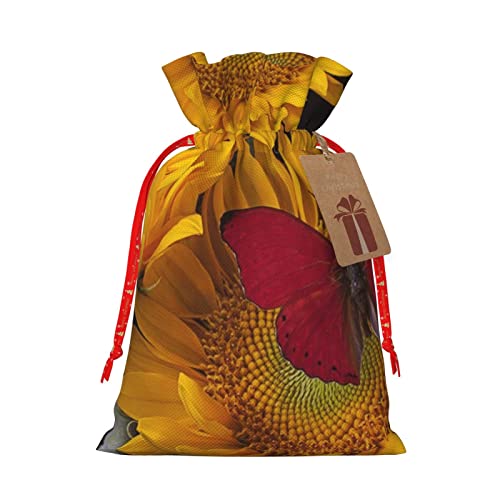 Yellow Sunflowers With Red Butterflychristmas Drawstring Gift Bag, Linen Drawstring Gift Bag, Reusable Drawstring Gift Bag, Used For Christmas, Birthday, Wedding Supplies