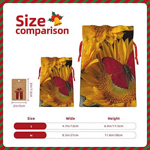 Yellow Sunflowers With Red Butterflychristmas Drawstring Gift Bag, Linen Drawstring Gift Bag, Reusable Drawstring Gift Bag, Used For Christmas, Birthday, Wedding Supplies