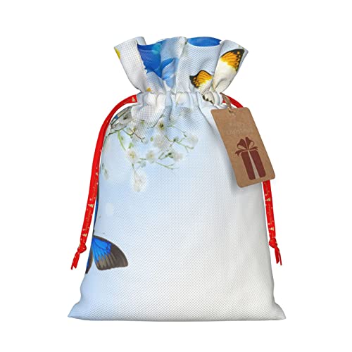 Flowers And Butterflychristmas Drawstring Gift Bag, Linen Drawstring Gift Bag, Reusable Drawstring Gift Bag, Used For Christmas, Birthday, Wedding Supplies