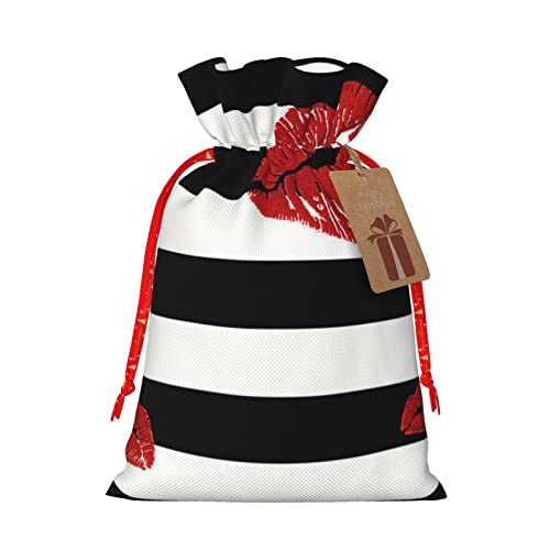 Lips Printed In Black And White Stripeschristmas Drawstring Gift Bag, Linen Drawstring Gift Bag, Reusable Drawstring Gift Bag, Used For Christmas, Birthday, Wedding Supplies