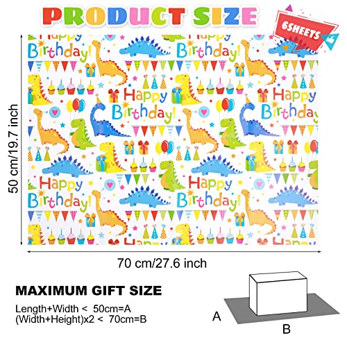 Prasacco 6 Sheets Birthday Wrapping Paper, Cartoon Dinosaur Birthday Wrapping Paper Kids Wrapping Paper Rolls Boys Wrapping Paper Dinosaur Wrapping Sheet for Kids Boys Girls (70x50cm/27.6x19.7inch)