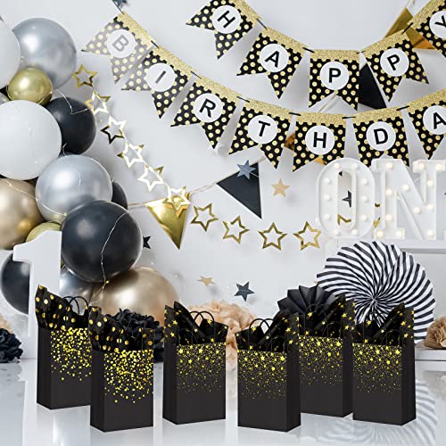 32 Pcs Black Gold Gift Bags New Years Eve Party Favor Bags 32 Pcs Black and Gold Tissue Paper for Gift Bags Gold Black Gift Bags with Handles New Years Eve Gift Bags with Stars Heart for Wedding