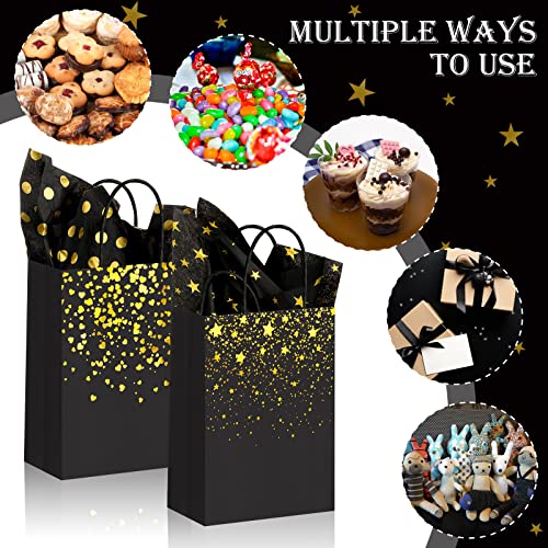 32 Pcs Black Gold Gift Bags New Years Eve Party Favor Bags 32 Pcs Black and Gold Tissue Paper for Gift Bags Gold Black Gift Bags with Handles New Years Eve Gift Bags with Stars Heart for Wedding