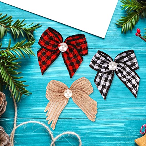 Meseey 60pcs 1" Mini Buffalo Check Plaid Red and Black Ribbon Burlap Bow White and Black Gingham Ribbon Double Bows for Packages Gift Wrapping Christmas Decoration