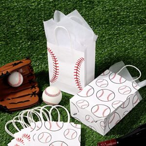 16 Pieces Baseball Gift Bags with Tissue Paper Baseball Party Bags with Handles Baseball Goodie Bags Baseball Treat Bags for Kids Sports Theme, Birthday Party, Sports Party (White, Baseball)