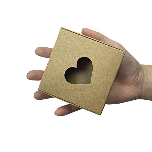 FERENLI 20Pcs Brown Mini Kraft Paper Box with Heart Shaped Window Gift Craft Candy Chocolate Paper Packaging Boxes 3x3x1.2 inch