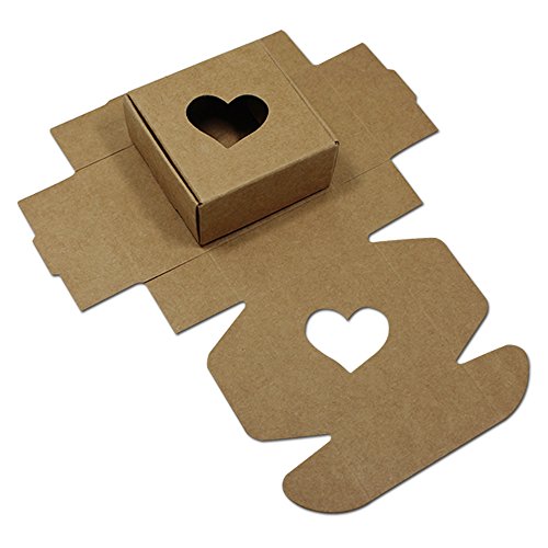 FERENLI 20Pcs Brown Mini Kraft Paper Box with Heart Shaped Window Gift Craft Candy Chocolate Paper Packaging Boxes 3x3x1.2 inch