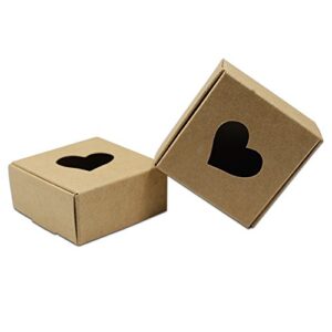 FERENLI 20Pcs Brown Mini Kraft Paper Box with Heart Shaped Window Gift Craft Candy Chocolate Paper Packaging Boxes 3x3x1.2 inch