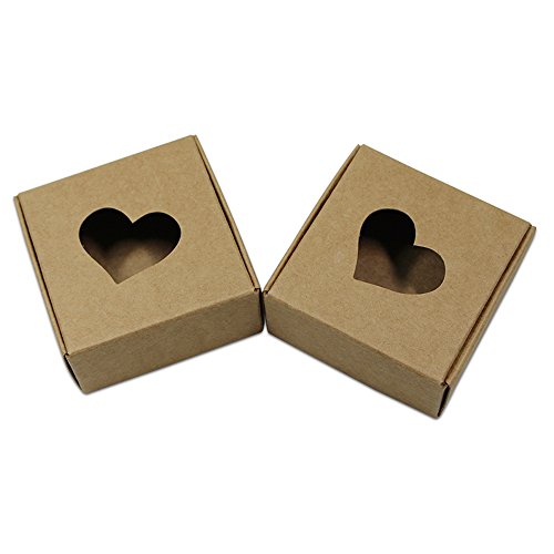 FERENLI 20Pcs Brown Mini Kraft Paper Box with Heart Shaped Window Gift Craft Candy Chocolate Paper Packaging Boxes 3x3x1.2 inch