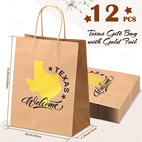 Hotop 12 Pcs State of Texas Shape Paper Gift Bags with Gold Foil Welcome Shopping Bags Kraft Paper Bags Brown Bags with Handles