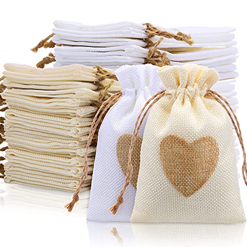 60 Pieces 4 x 5.5 Inch Burlap Gift Bags With Drawstring Burlap Heart Pouches Drawstring Burlap Heart Bags Natural Rustic Mini Burlap Pouch for Storage Wedding Party Birthday Christmas Jewelry