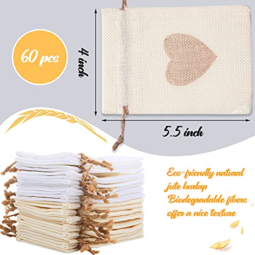 60 Pieces 4 x 5.5 Inch Burlap Gift Bags With Drawstring Burlap Heart Pouches Drawstring Burlap Heart Bags Natural Rustic Mini Burlap Pouch for Storage Wedding Party Birthday Christmas Jewelry