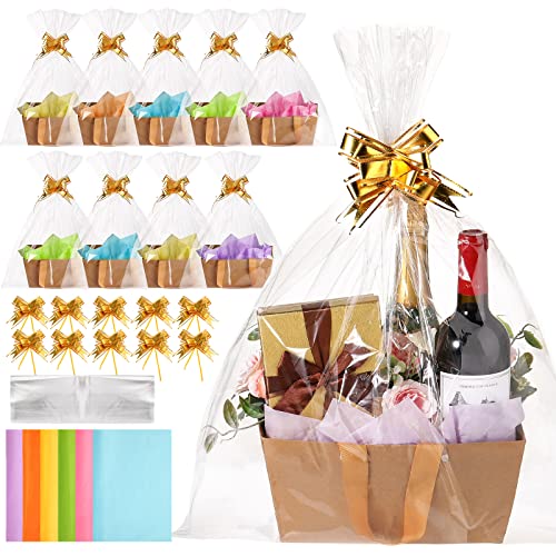 30 Pieces Baskets with Handle for Gifts Empty with Cellophane Basket Bags Tissue Paper Bows Ribbons Bulk Empty Gift Basket with Handles for Graduation Birthday Party Wedding Holiday