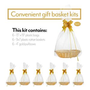 [6 pk] Baskets for Gifts Empty| 7x9" Small Wicker-look Empty Baskets to Fill| DIY Gift Basket Set with Basket Bags and Gold Pull Bows| Thanksgiving, Christmas, Easter Gift Basket Kit| Gift to Impress