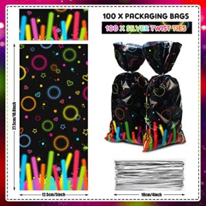 Pajean 100 Pcs Glow Bags in the Dark with Silver Ties Neon Goodie Let's Treat Candy Gift Decoration for Glow, Birthday, Baby Showers, Dark, Family Union Party Decor