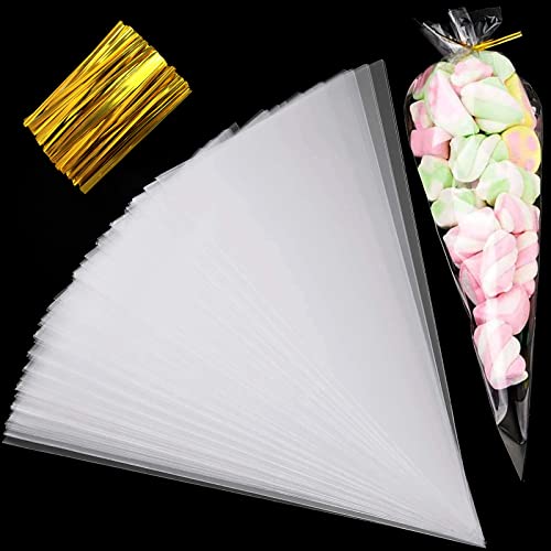 Onkuly 100 Pcs Cone Bags 6" X 12" Clear Popcorn Bags Gift Wrap Cellophane Bags with 100 Twist Ties for Treat, Candy