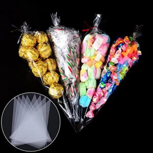 Onkuly 100 Pcs Cone Bags 6" X 12" Clear Popcorn Bags Gift Wrap Cellophane Bags with 100 Twist Ties for Treat, Candy