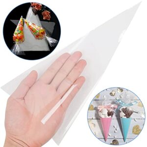 Onkuly 100 Pcs Cone Bags 6" X 12" Clear Popcorn Bags Gift Wrap Cellophane Bags with 100 Twist Ties for Treat, Candy