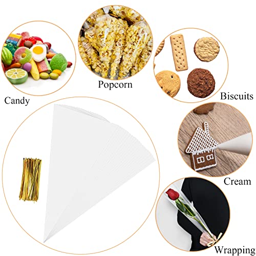 Onkuly 100 Pcs Cone Bags 6" X 12" Clear Popcorn Bags Gift Wrap Cellophane Bags with 100 Twist Ties for Treat, Candy