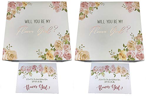 Set of 2 Flower Girls Proposal Gift Boxes 8x8x4 inches with Rose Gold Foil Letters & 2 Proposal Cards. (2 Flower Girl, 2)