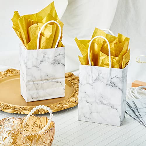 50 Pack Marble White Paper Bags Gift Bags Bulk A4 Double Sided Glitter Gold Tissue Paper Small Gift Bags with Tissue Paper Set for Wedding Birthday Baby Shower, 5.91 x 4.33 x 2.36 Inch (Gray White)