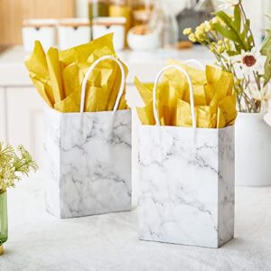 50 Pack Marble White Paper Bags Gift Bags Bulk A4 Double Sided Glitter Gold Tissue Paper Small Gift Bags with Tissue Paper Set for Wedding Birthday Baby Shower, 5.91 x 4.33 x 2.36 Inch (Gray White)