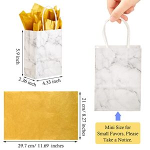 50 Pack Marble White Paper Bags Gift Bags Bulk A4 Double Sided Glitter Gold Tissue Paper Small Gift Bags with Tissue Paper Set for Wedding Birthday Baby Shower, 5.91 x 4.33 x 2.36 Inch (Gray White)