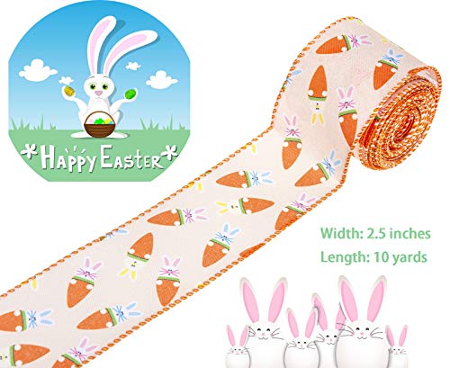 ATRBB Easter Wired Ribbon,2 1/2 Inch by 10 Yards Bunny Carrots Ribbon for Gift Wrapping,Wreath and Party Decoration