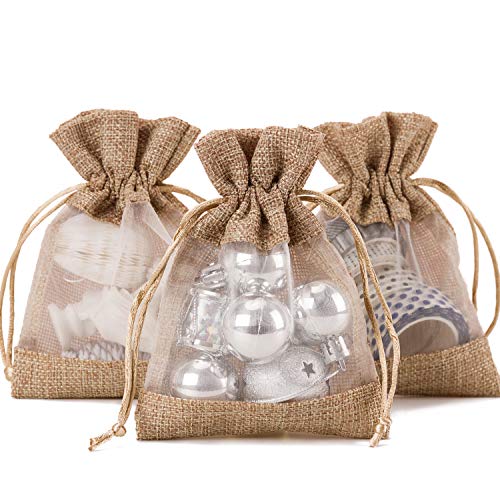 WRAPAHOLIC 5x7 inch 20 pcs Burlap Drawstring Gift Bag - Burlap with One Side Organza Wedding Party Welcome Favor Bags - Tan