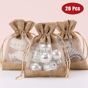 WRAPAHOLIC 5x7 inch 20 pcs Burlap Drawstring Gift Bag - Burlap with One Side Organza Wedding Party Welcome Favor Bags - Tan