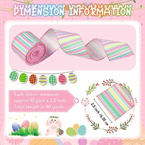 40 Yards Spring Pastel Ribbon Easter Horizontal Stripe Wired Pink Ribbons for Gift Wrapping DIY Craft Easter Home Farmhouse Tree Decoration (2.5 Inch in Width)