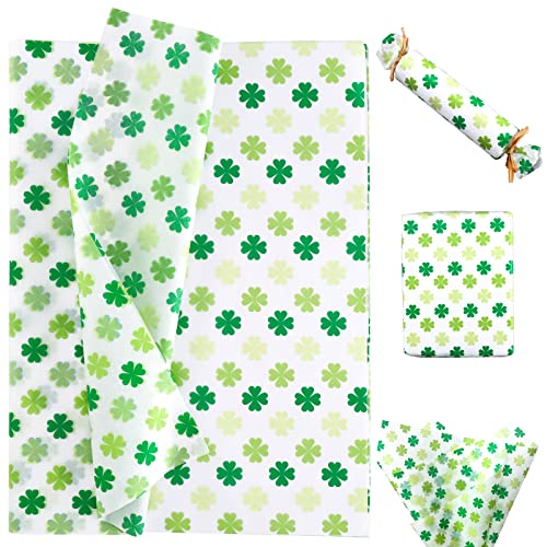 Whaline 100 Sheets St Patrick's Day Tissue Paper Clover Green White Gift Wrapping Paper Shamrock Pattern Decorative Art Paper for DIY Craft Birthday Holiday Decoration, 14 x 20 Inch