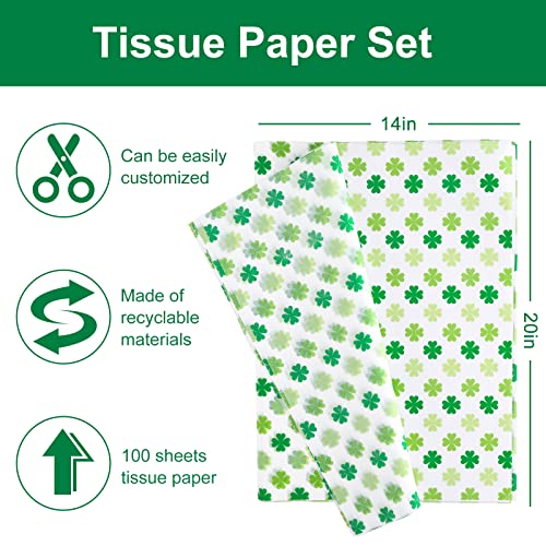 Whaline 100 Sheets St Patrick's Day Tissue Paper Clover Green White Gift Wrapping Paper Shamrock Pattern Decorative Art Paper for DIY Craft Birthday Holiday Decoration, 14 x 20 Inch