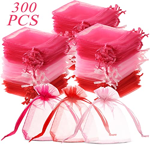 300 Pcs Valentine's Day Heart Candy Bags Organza Jewelry Pouches Drawstring Bags Valentine Love Heart Gift Bags Wedding Gift Pouch Drawstring Pouch for Gift Packaging (Sheer Pattern, 2.76 x 3.54 Inch)