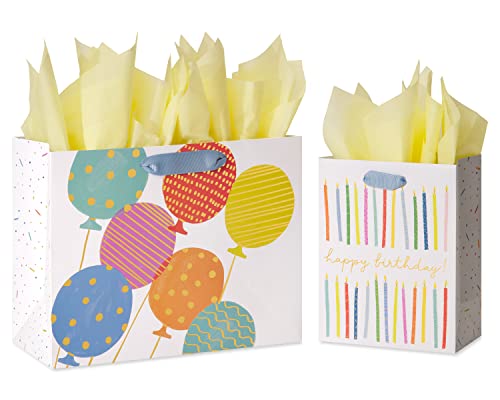 Papyrus Birthday Gift Bags with Tissue Paper, Balloons and Candles (2 Bags, 1 Large 13", 1 Medium 9", 8-Sheets)