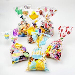 FuraHa 150 pcs Easter Cello Bags, Easter Cellophane Treat Bags with Ties for Candy Cookie Goodies Easter Party Supplies, 6 Assorted Styles